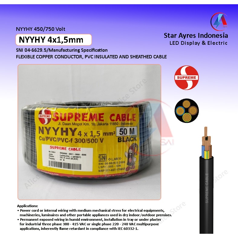 Jual KABEL NYYHY / NYMHY 4x1,5 MM SUPREME / KABEL LISTRIK / KABEL SERABUT NYYHY 4X1,5MM | Shopee ...