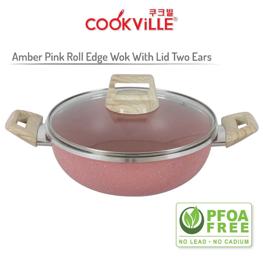 Jual [COOKVILLE] Amber Pink Roll Edge Wok With Lid Two Ears | Shopee ...