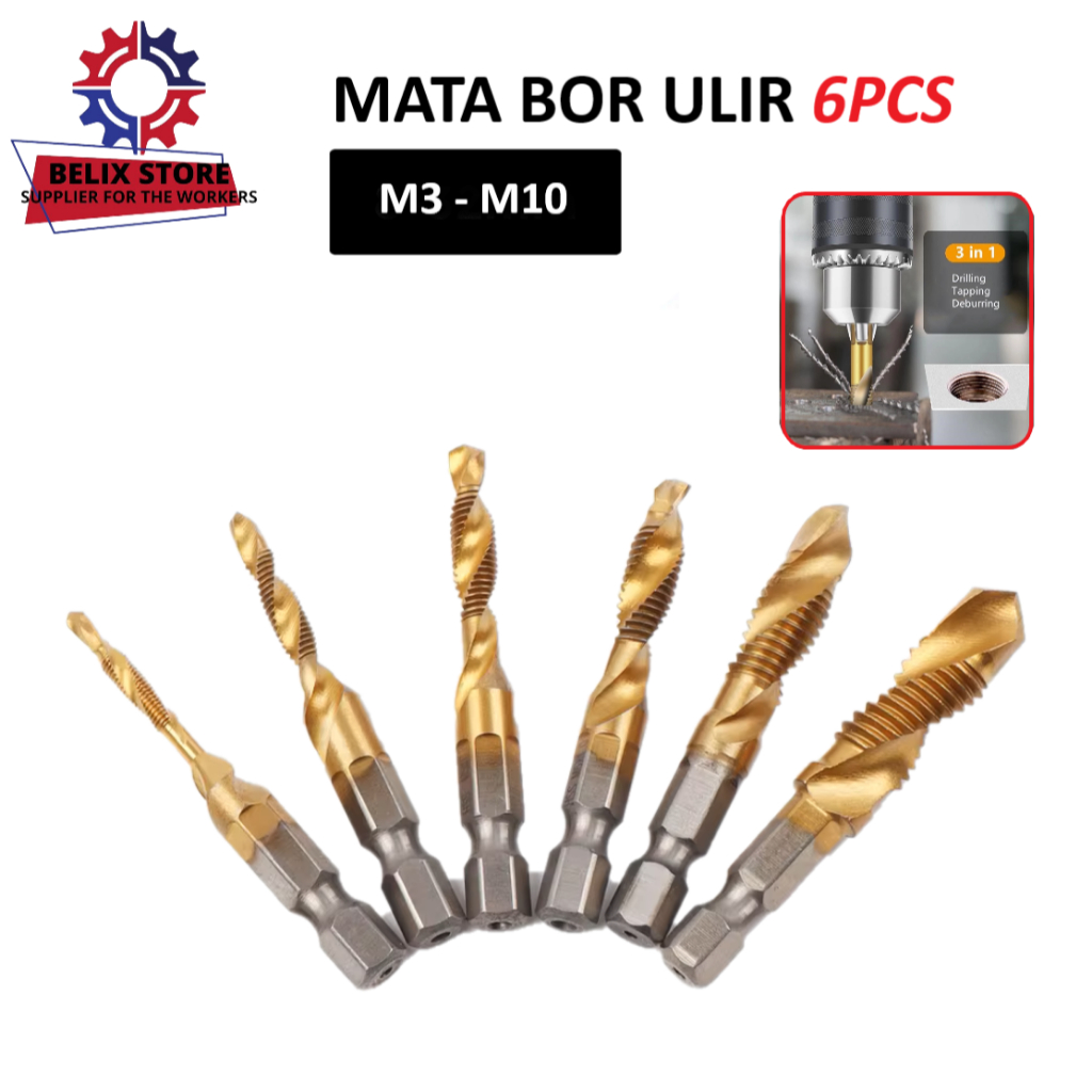 Jual Mata Bor 6PCS Pembuat Ulir Drat Drill Tap Set Hex Twist Spiral ...