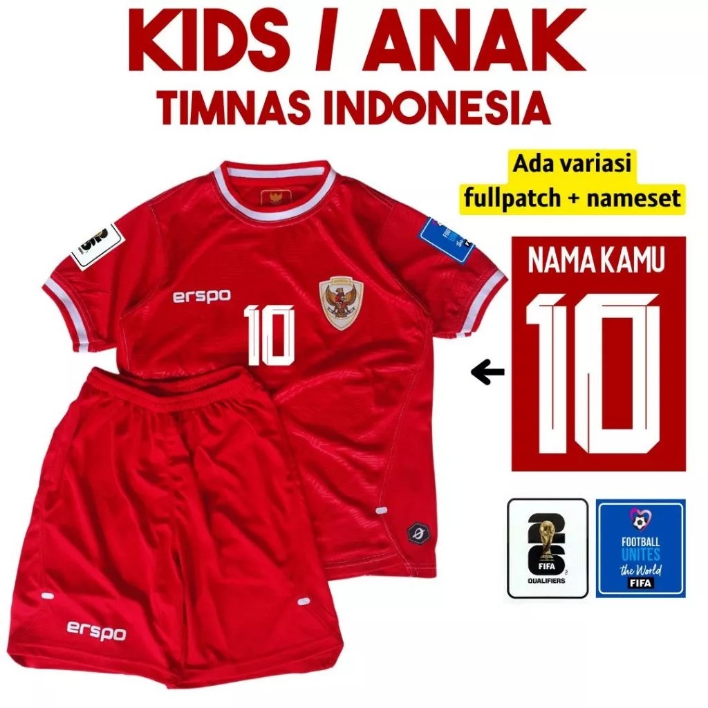 Jual Jersey Timnas Anak Indonesia 2024 Erspo KIDS Baju Bola Sablon Nama Nameset Merah Putih Sr ...