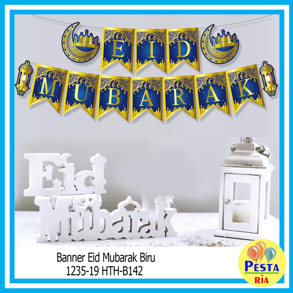 Jual Murah!! (1set) Banner Eid Mubarak Biru, banner idul fitri, hiasan ...