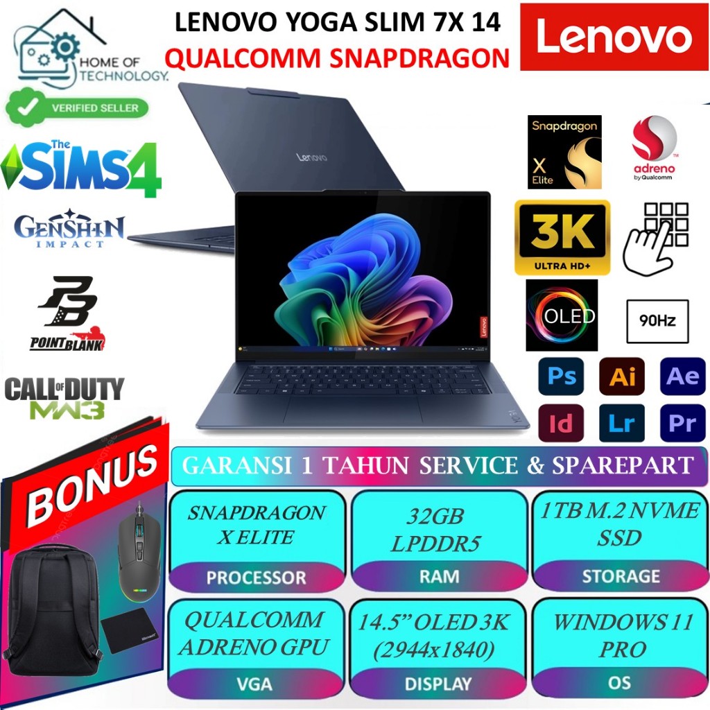 Jual LENOVO YOGA SLIM 7X 14 OLED QUALCOMM SNAPDRAGON X ELITE 32GB DDR5 ...