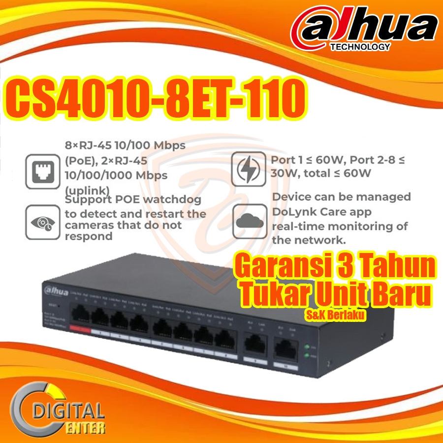 Jual Dahua CS4010-8ET-110 Hub 10-Port Cloud Managed Desktop Switch with ...