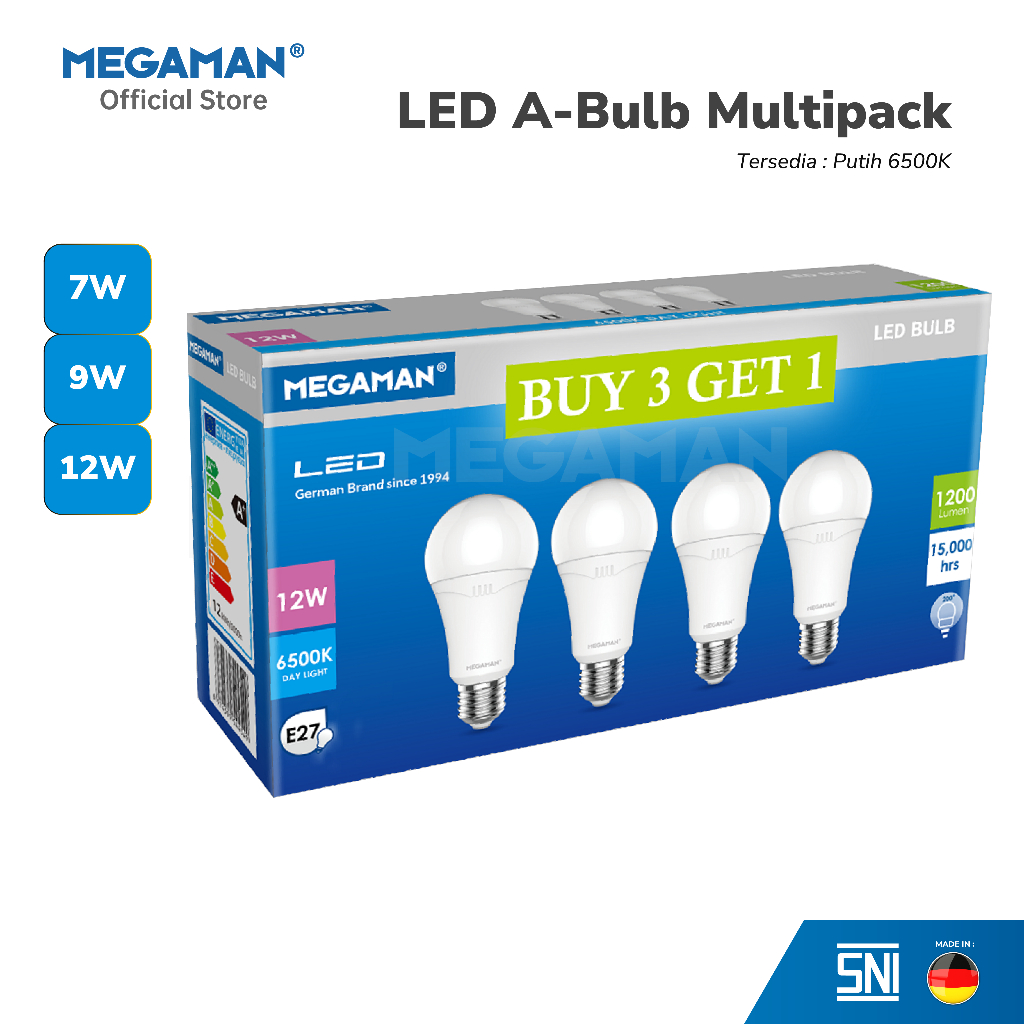 Jual Lampu LED A-Bulb Multipack MEGAMAN 7W/9W/12W E27 4PK 170-240V 6500K/Putih | Shopee Indonesia