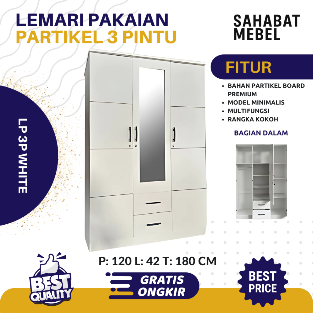 Jual Lemari Pakaian Partikel Board 3 Pintu Swing Vanessa LP 3P White ...
