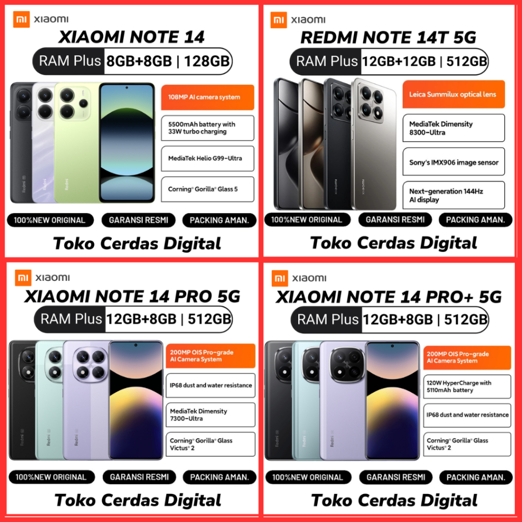 Jual XIAOMI REDMI NOTE 14 Series Pro + 5G | REDMI 14C | 13 | A3 | POCO X5 5G | NOTE14 PRO+ 5G ...