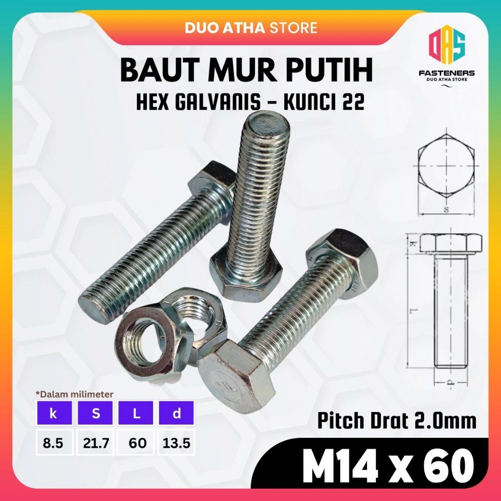 Jual M14 X 60 BAUT MUR PUTIH M14x60 BMP M14 x 60mm HEX GALVANIS ...