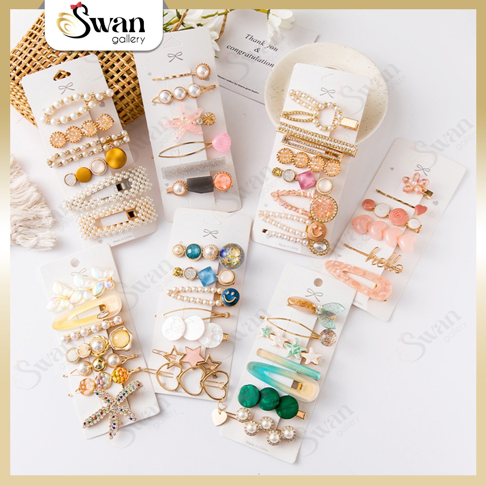 Jual Jepit Rambut Set 5 In 1 Hair Clip Flower Pearl Shell Fashion Korea ...