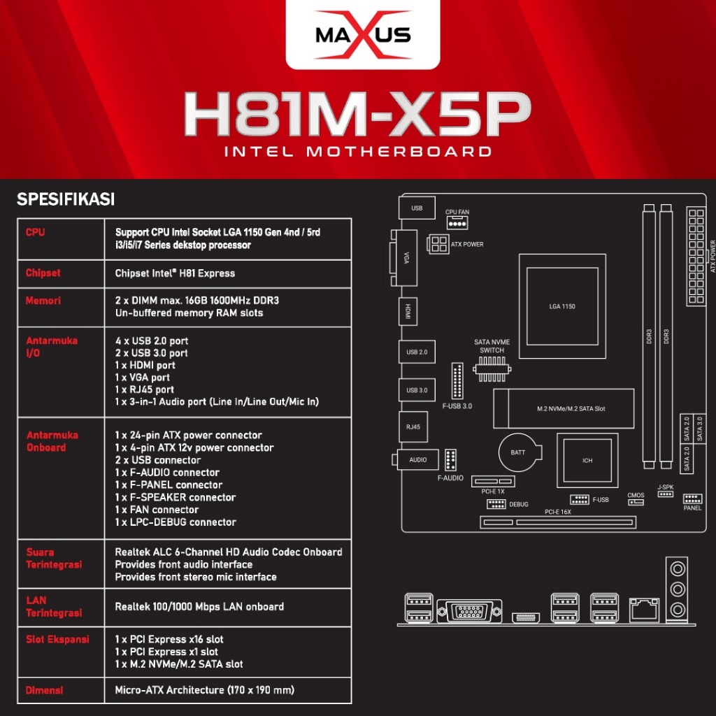 Jual Motherboard MAXUS H81 LGA 1150 DDR3 Mainboard H81 SUPPORT NVME | Shopee Indonesia