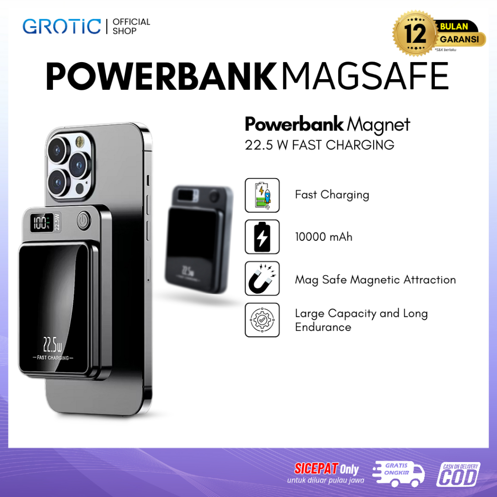 Jual GROTIC Wireless Power Bank Magnetic Magsafe Fast Charging PD 20W ...