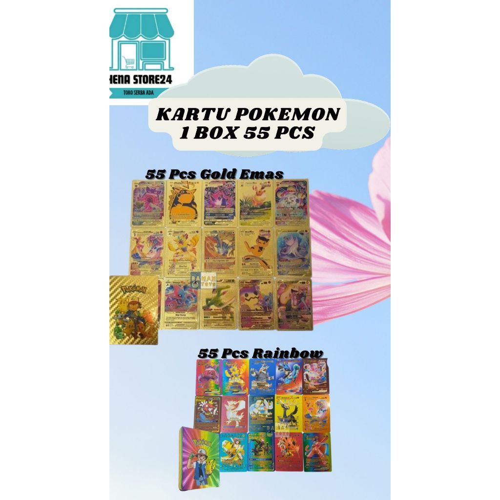 Jual Kartu Pokemon 1 box 55pcs Charizard Pikachu cards Bahan Metal Emas Silver Bahasa English ...