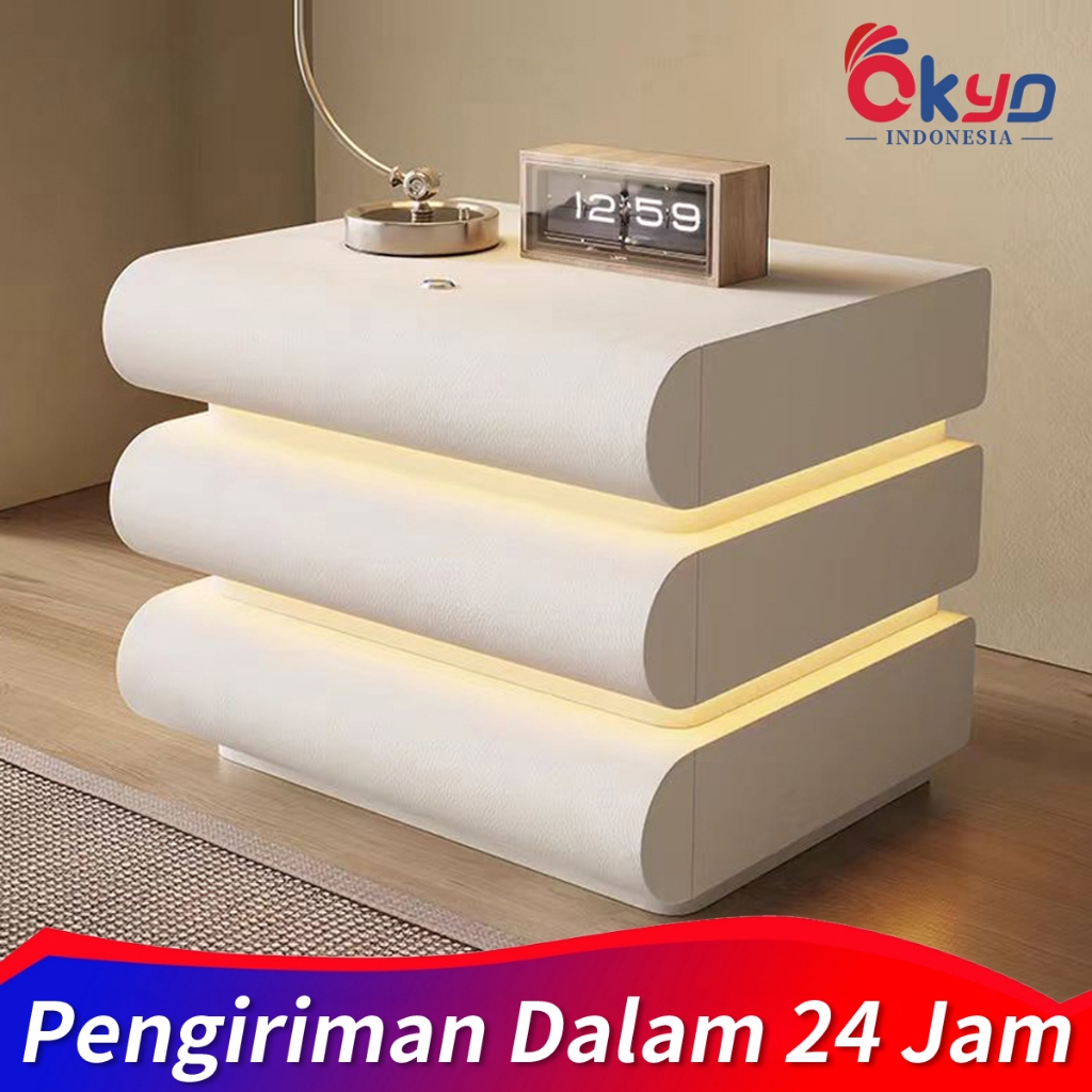 Jual Meja Nakas Kayu 2 Laci Bedside/Lampu LED Smart Sensor Minimalis ...