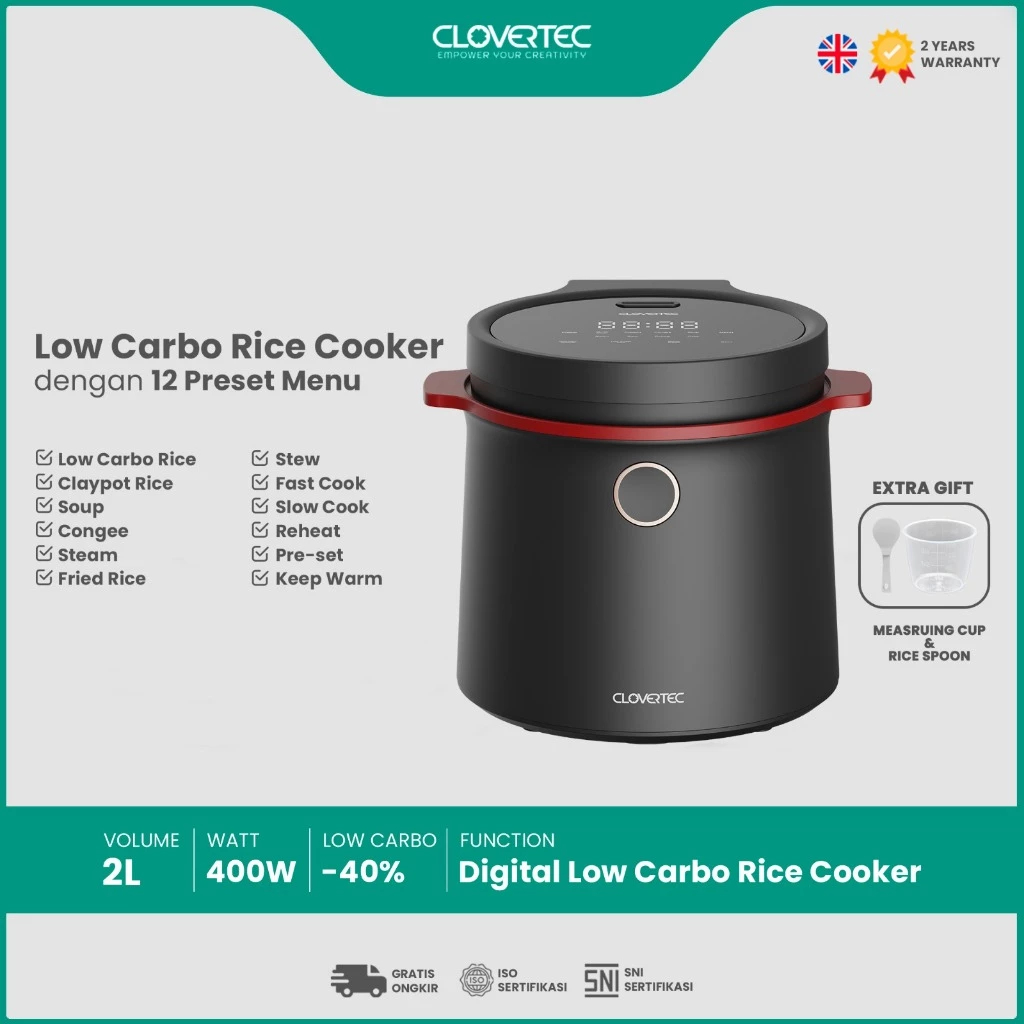Jual CLOVERTEC Low Carbo Digital RiceCooker 2L, 400W, 10 Cooking Menu ...