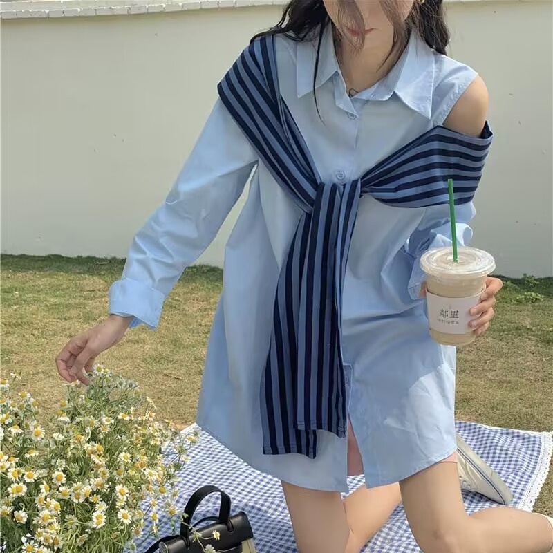 Jual Kemeja lengan panjang off-shoulder gaya Korea untuk wanita atasan ...