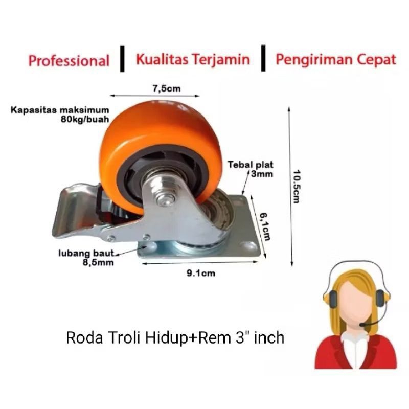 Jual Roda troli Troly PVC/PU Hidup+Rem 3 inch orange roda Caster kastor ...