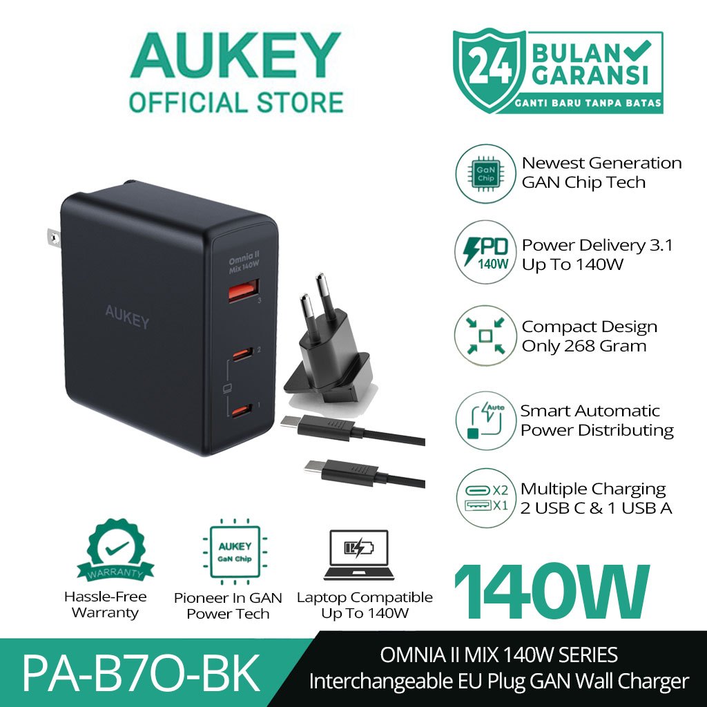 Jual AUKEY Charger Multi Port Type C 140W GAN PD 3.1 Fast Charging PA ...