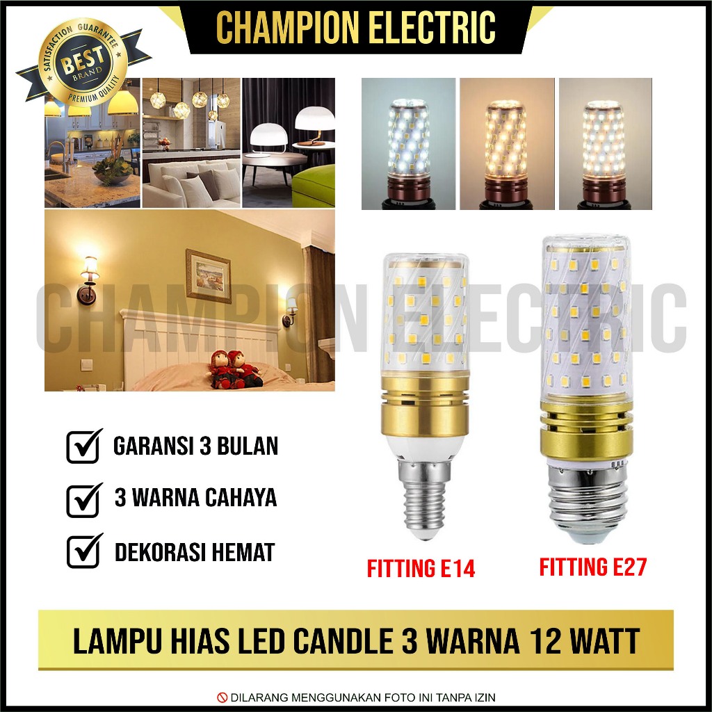 Jual Lampu LED Candle Corn Bulb 12W 3 Warna Cahaya E27 E14 Terang Ekonomis Hemat Listrik ...