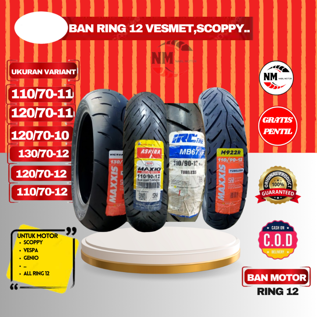 Jual Ban Motor Vespa Matic Scoopy New Ring 12 Tubeless Maxxis FDR Sport Zevo Zeneos Pirelli 110/ ...
