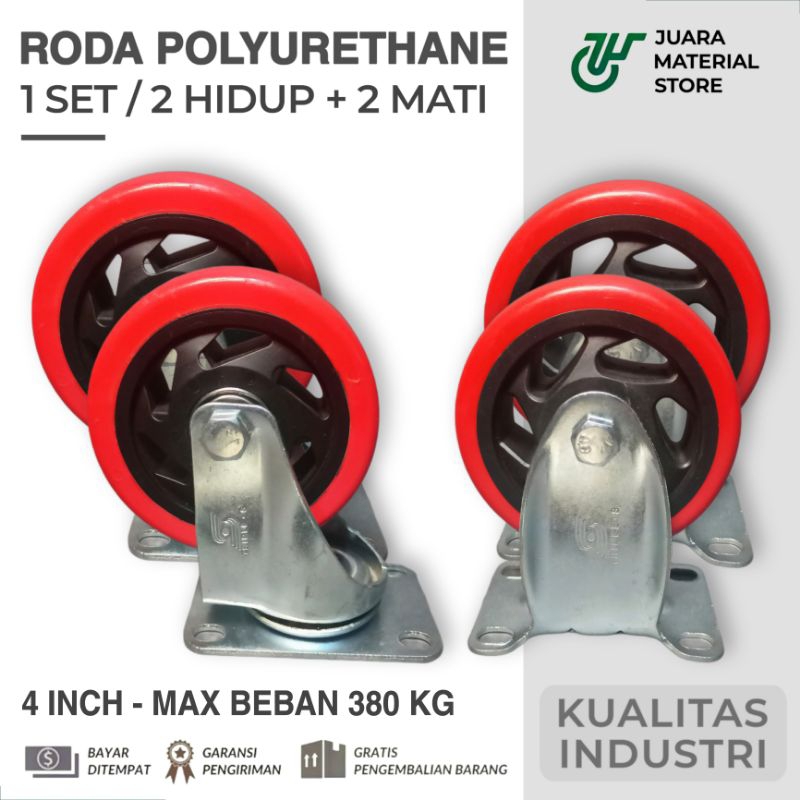 Jual [4 PCS] Roda Trolly 4 inch 100 mm PU Medium Duty (2 Hidup + 2 Mati ...
