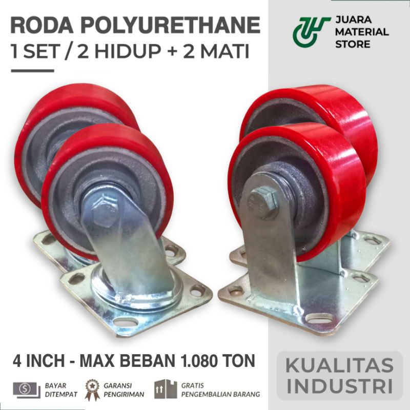 Jual [4 PCS] Roda Trolly 4 inch 100 mm PU Heavy Duty (2 Hidup + 2 Mati ...
