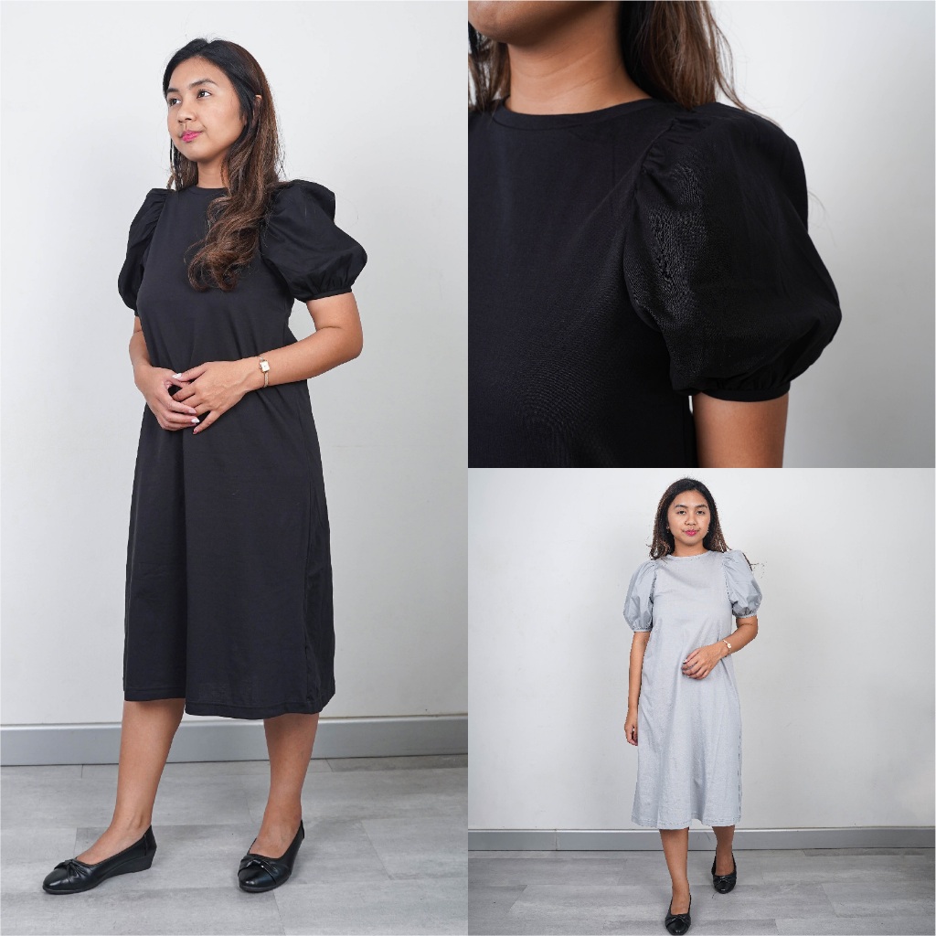 Jual Dress Midi Lengan Balon Tersedia 4 Warna | Shopee Indonesia