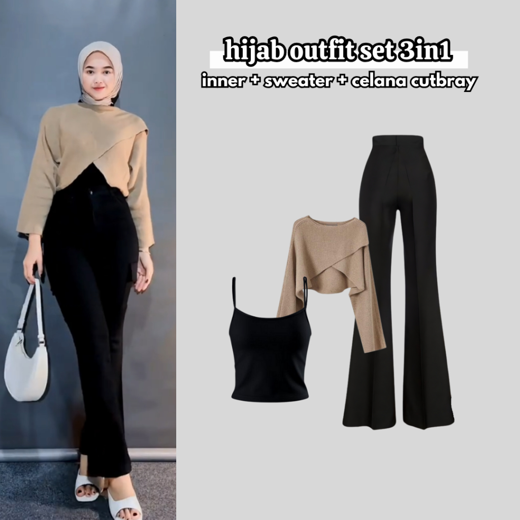 Jual One Set Korean Style 3in1 Sweater Crop Silang Celana Cutbray Inner Tank Top Wanita Simple ...
