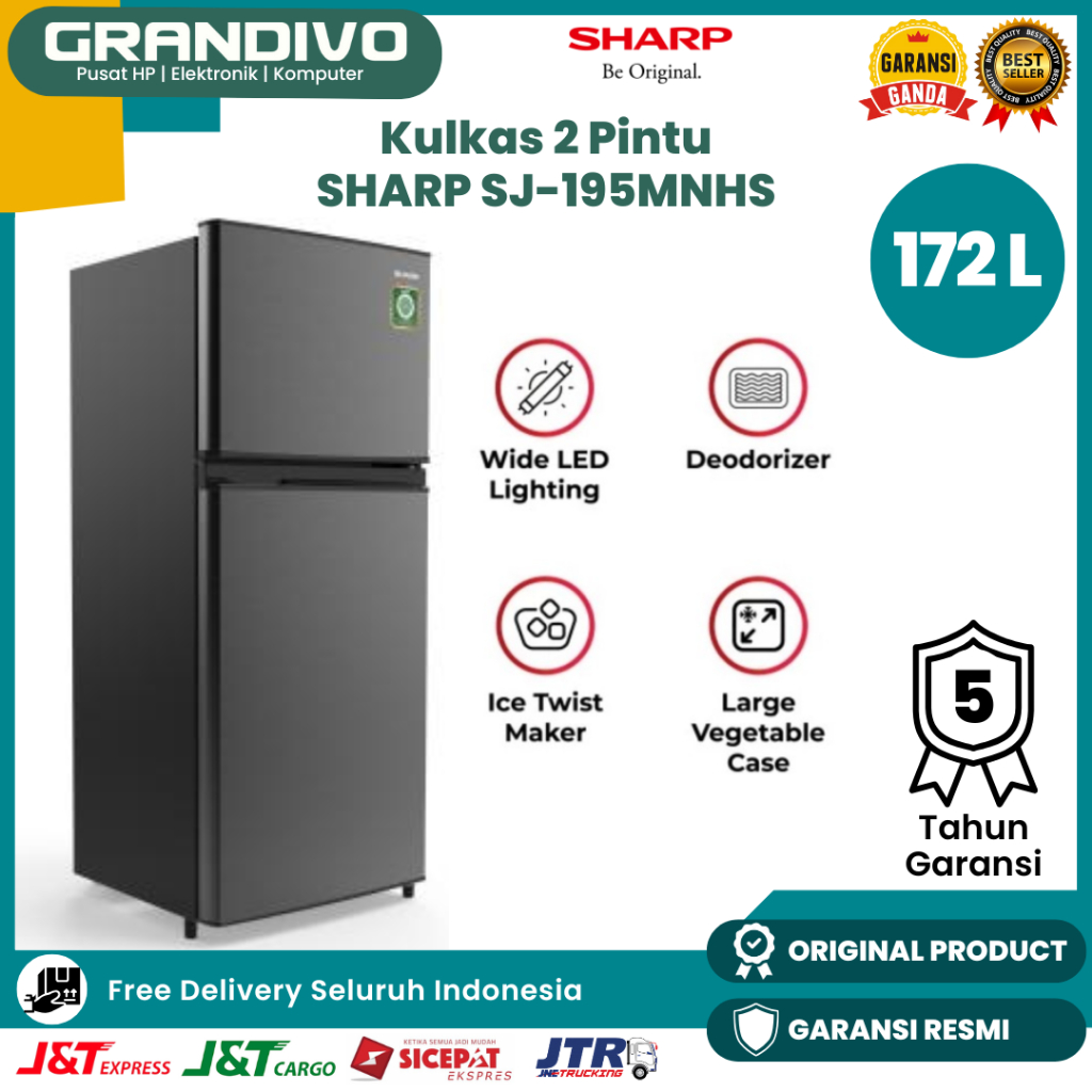 Jual Kulkas 2 Pintu Sharp 172 Liter SJ 195MNHS Tanpa Bunga Es Low Watt ...