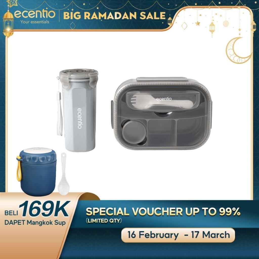 Jual ecentio 1200ml lunch box set 4 Grid anti bocor tempat bekal makan dan tempat minum anak ...