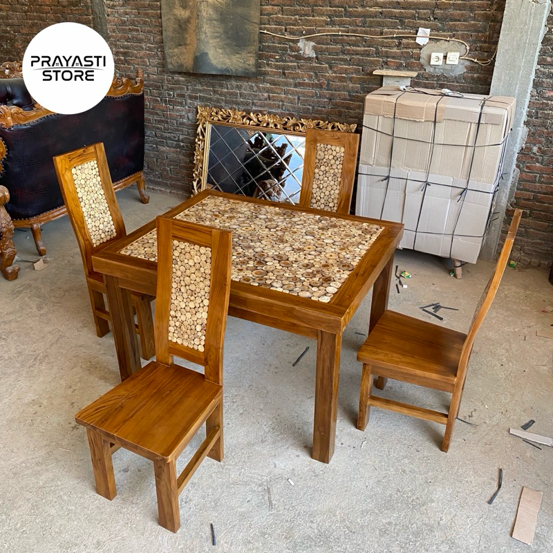 Jual Meja makan minimalis jati - Set meja makan 4 kursi kayu jati motif koin model terbaru ...