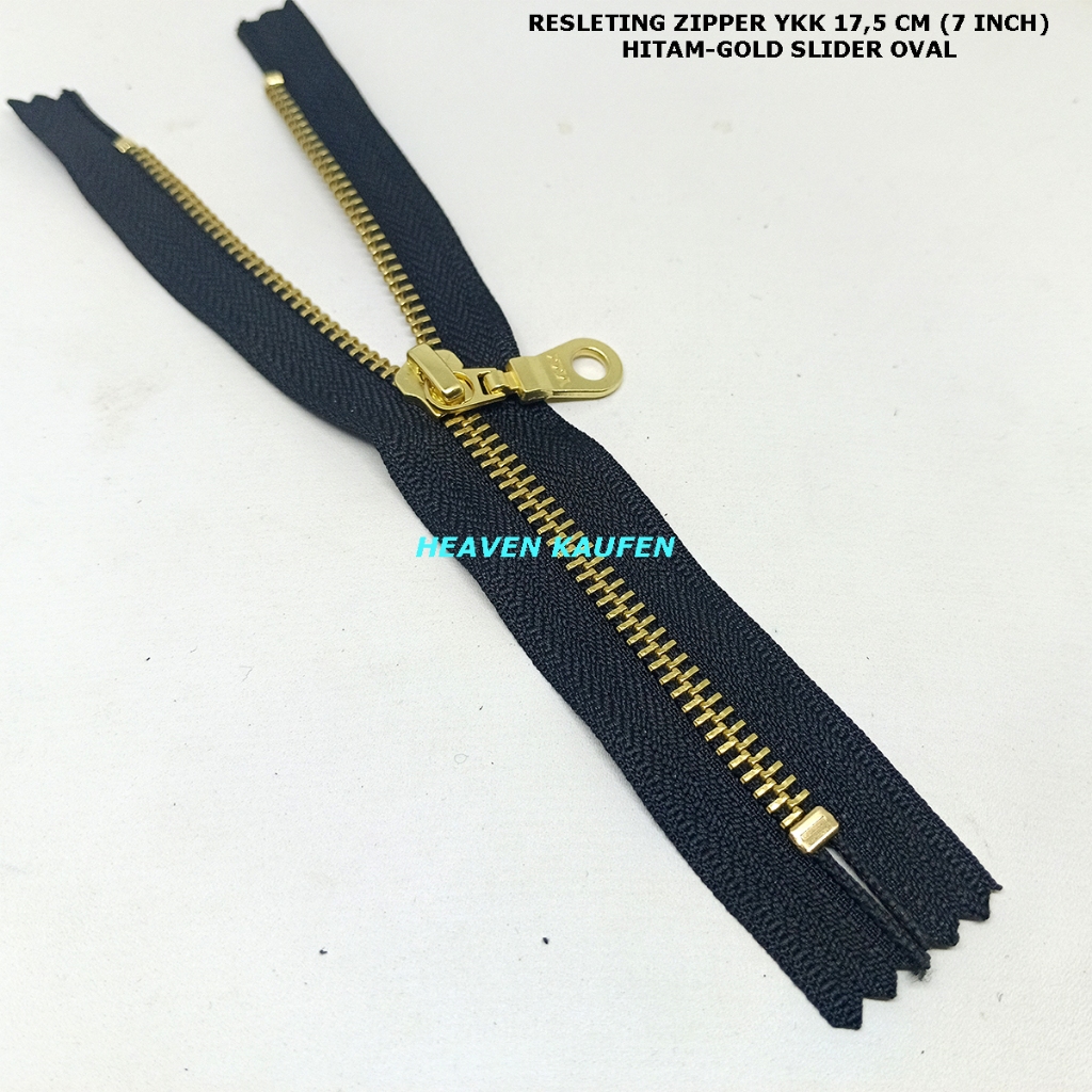 Jual Resleting Zipper Retsleting YKK 17,5 cm Atau 7 inch Hitam - Gold Emas Slider Oval Type Gigi ...