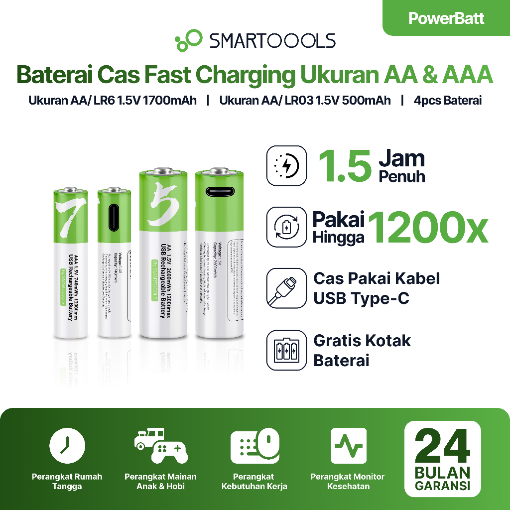 Jual Smartoools PowerBatt Type-C USB Rechargeable 1.5V AA & AAA Battery ...