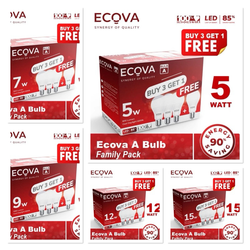 Jual ECOVA PAKET BELI 3 GRATIS 1 Lampu LED Bulb Bohlam LED 5W / 7W / 9W / 12W / 15W BUNDLING ...