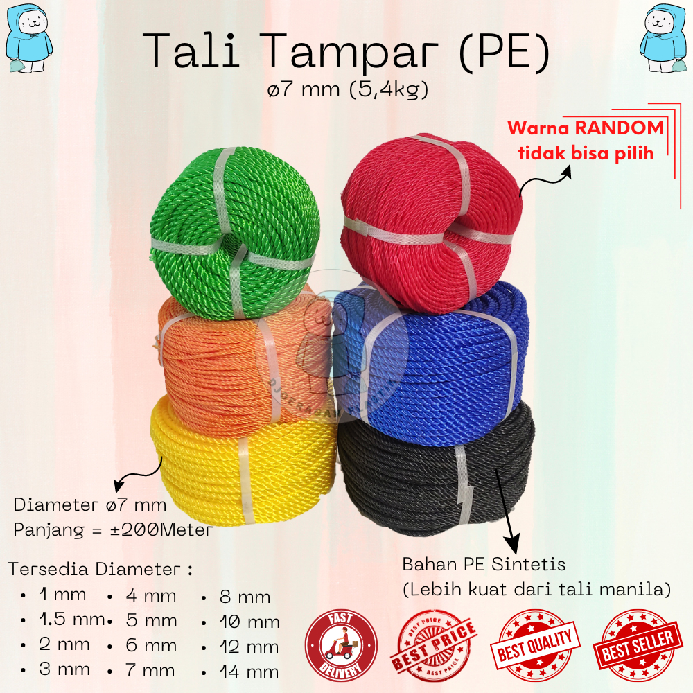 Jual [7mm x 200Meter] Tali Tambang Tampar Nilon Nylon Manila PE Warna ...