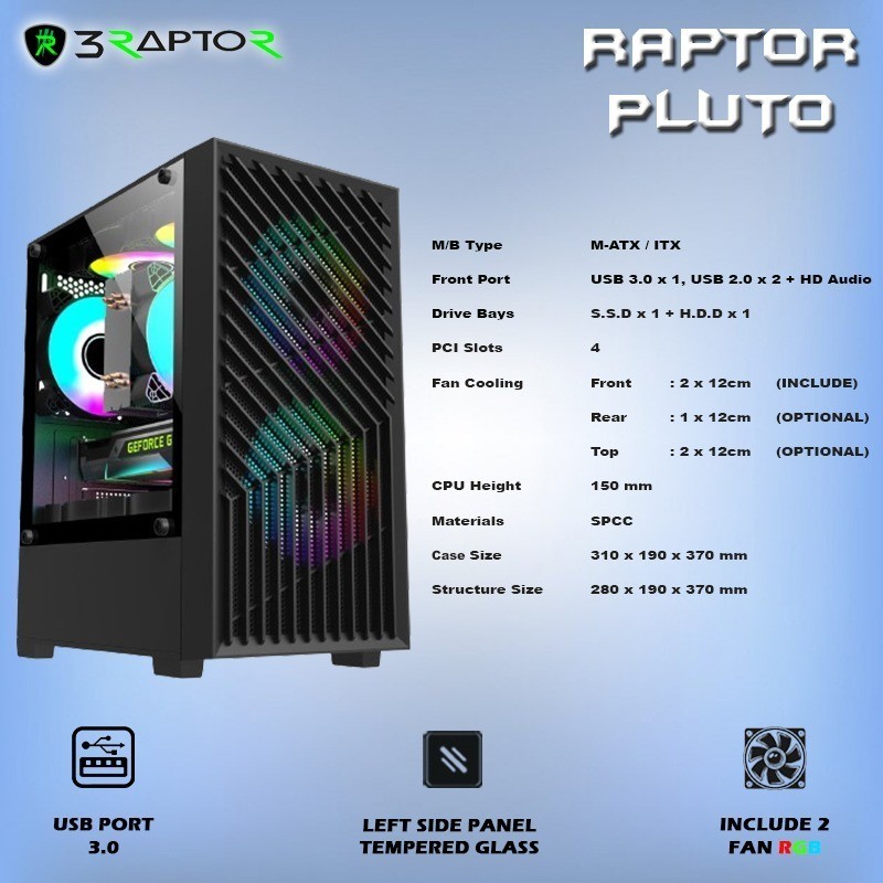 Jual Casing PC Power Up Pluto M-ATX - RAPTOR PLUTO + 2 FAN RGB MATX ...