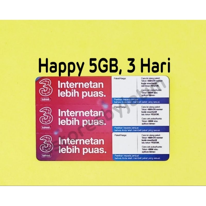 Jual Voucher Kuota Data 3 / Three / Tri Happy 5GB, 3 Hari ( Promo ) NEW (6.5GB) | Shopee Indonesia