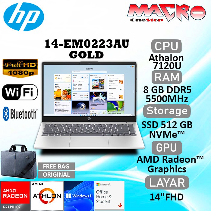 Jual HP 14-EM0223AU Athlon-7120U 8GB 512SSD 14" FHD WIN11+OHS Backlit ...