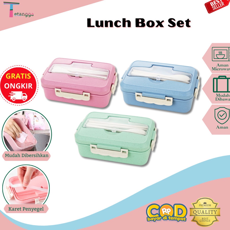 Jual Lunch Box Set Kotak Bekal Makan Jerami Gandum kotak makan 1ml 4 In 1 Sendok Tempat Makan ...
