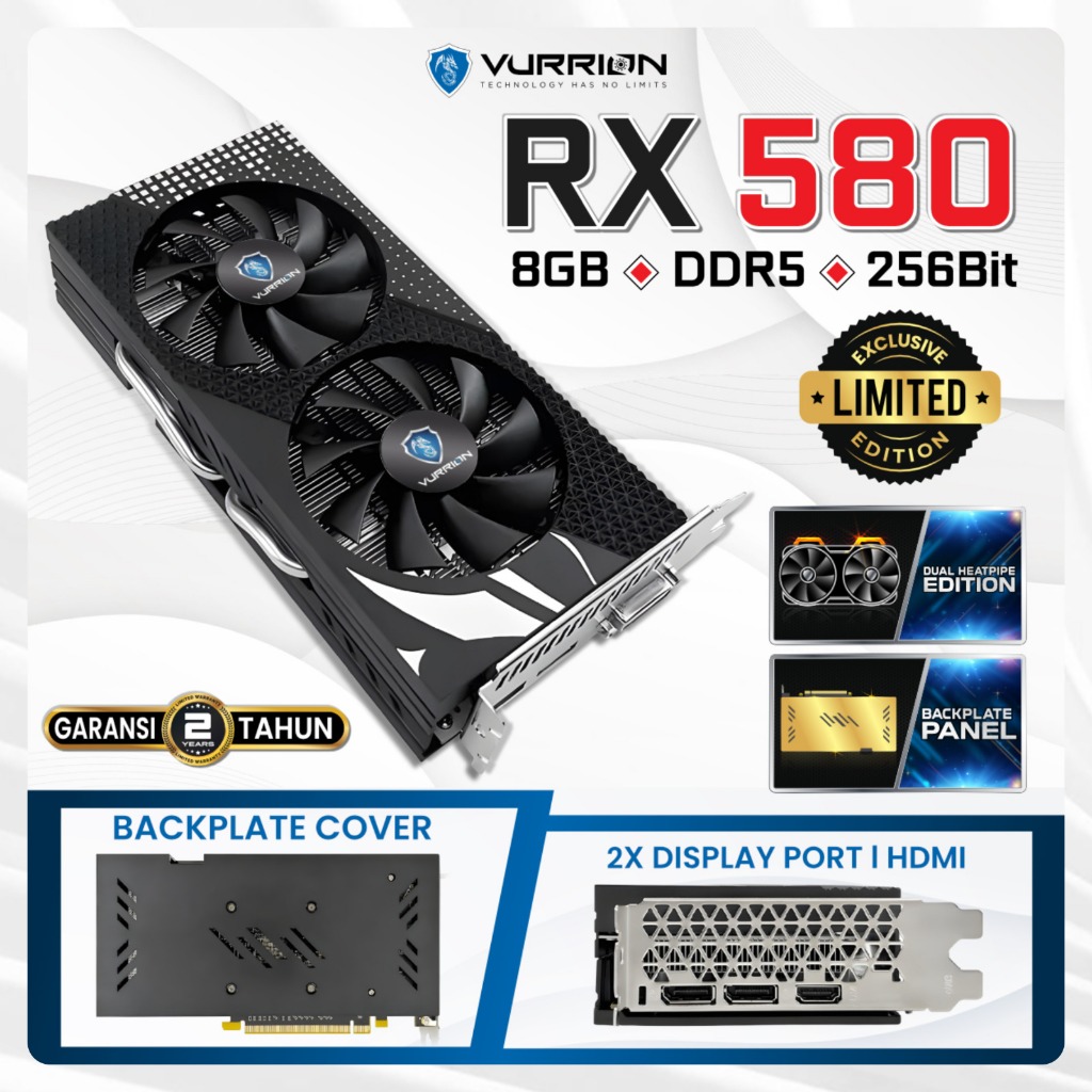Jual VURRION VGA RX 580 8GB GDDR5 256 BIT BLACK DUAL HEATPIPE | Shopee ...