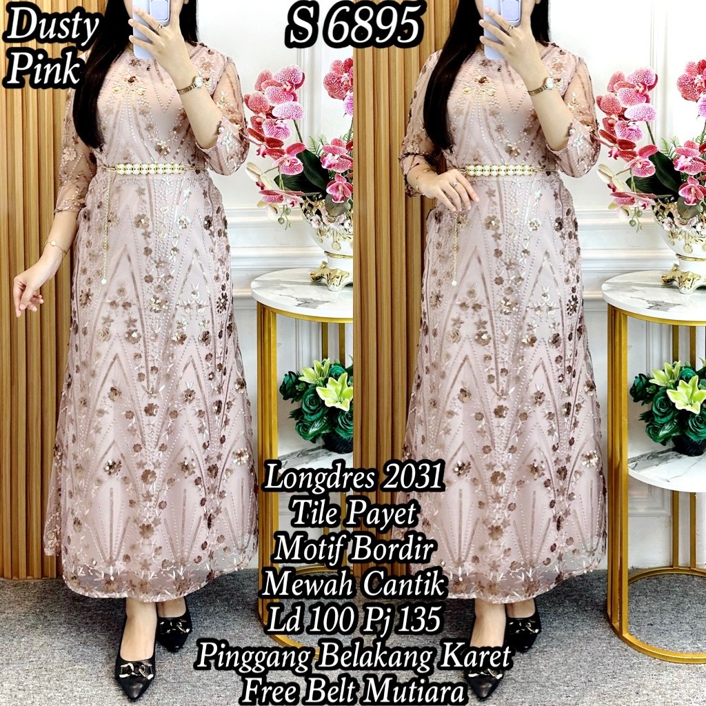 Jual S 6895 #Longdress Tile Bordir Payet Bunga Free Belt Gaun Pesta ...