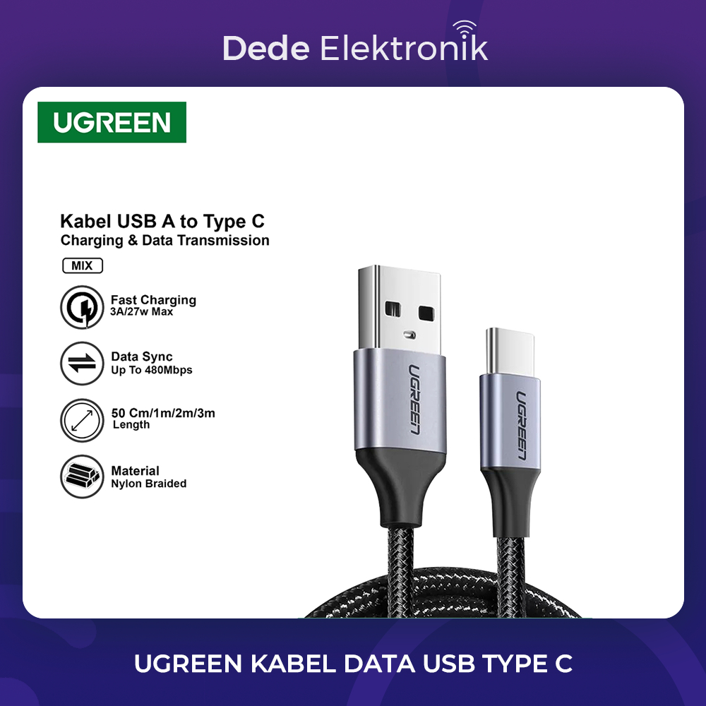 Jual Ugreen Cable Kabel Data USB TO Type C Fast Charging Max 3A 50CM 1M 2M NYLON BLACK 60126 ...