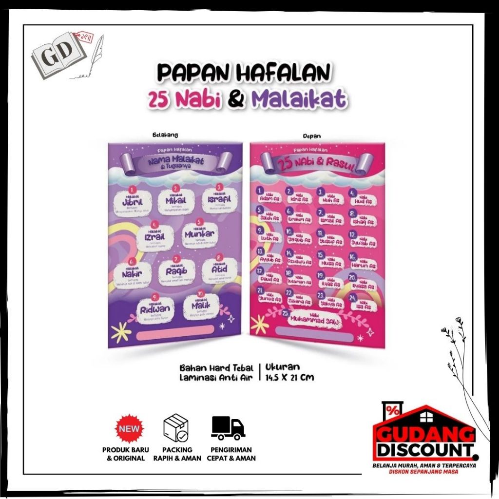 Jual Table Papan Hafalan 25 Nabi & Malaikat Bahan Hard Tebal Laminasi Anti Air Ukuran 14,5 x 21 ...