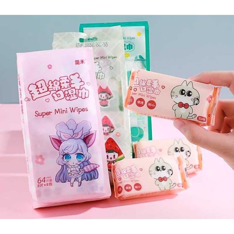 Jual [MX] TISSUE BASAH MINI KARAKTER LUCU WET WIPES TISSUE TRAVEL ISI 8 ...