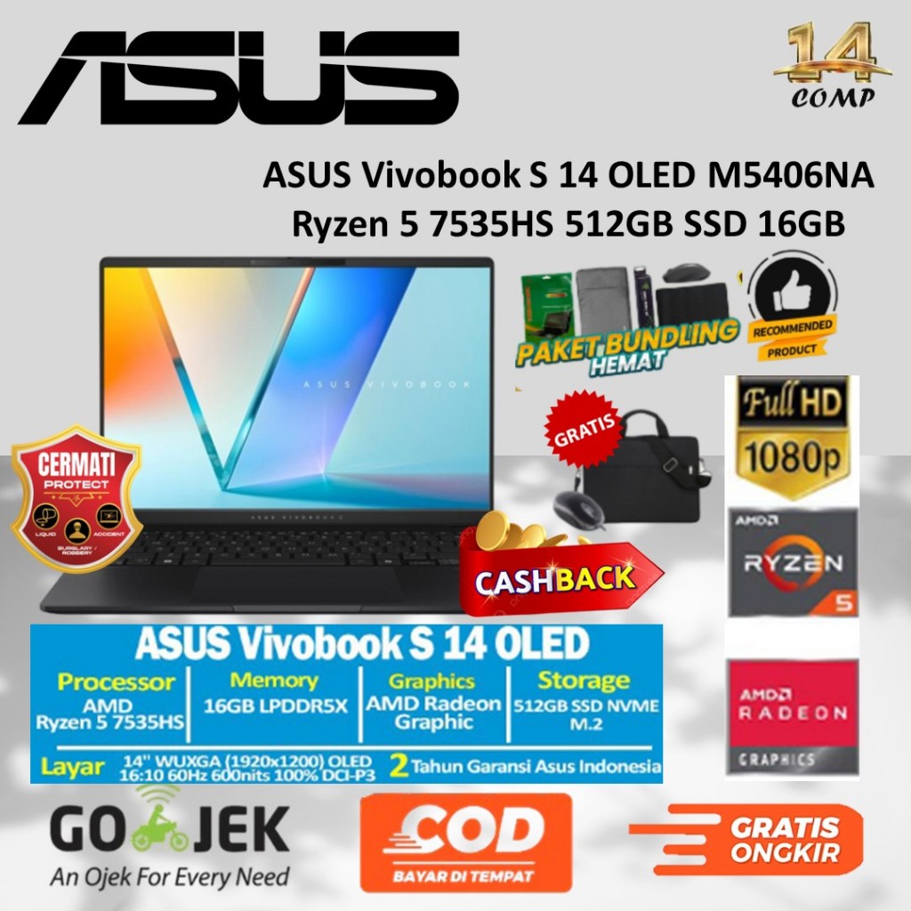 Jual ASUS Vivobook S 14 OLED M5406NA Ryzen 5 7535HS 512GB SSD 16GB ...