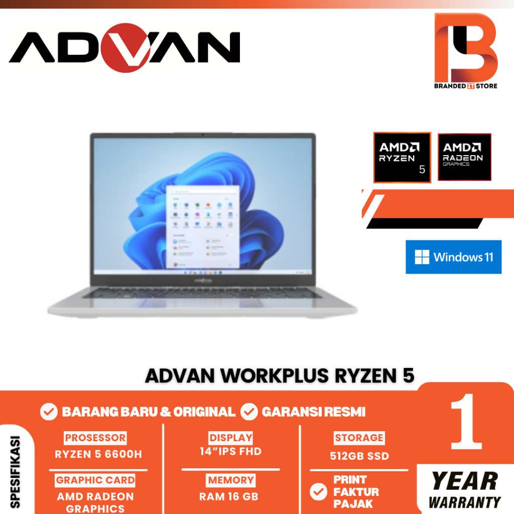 Jual Laptop Advan Workplus Ryzen 5 6600H 16GB 512SSD 14 FHD Win11 ORI ...