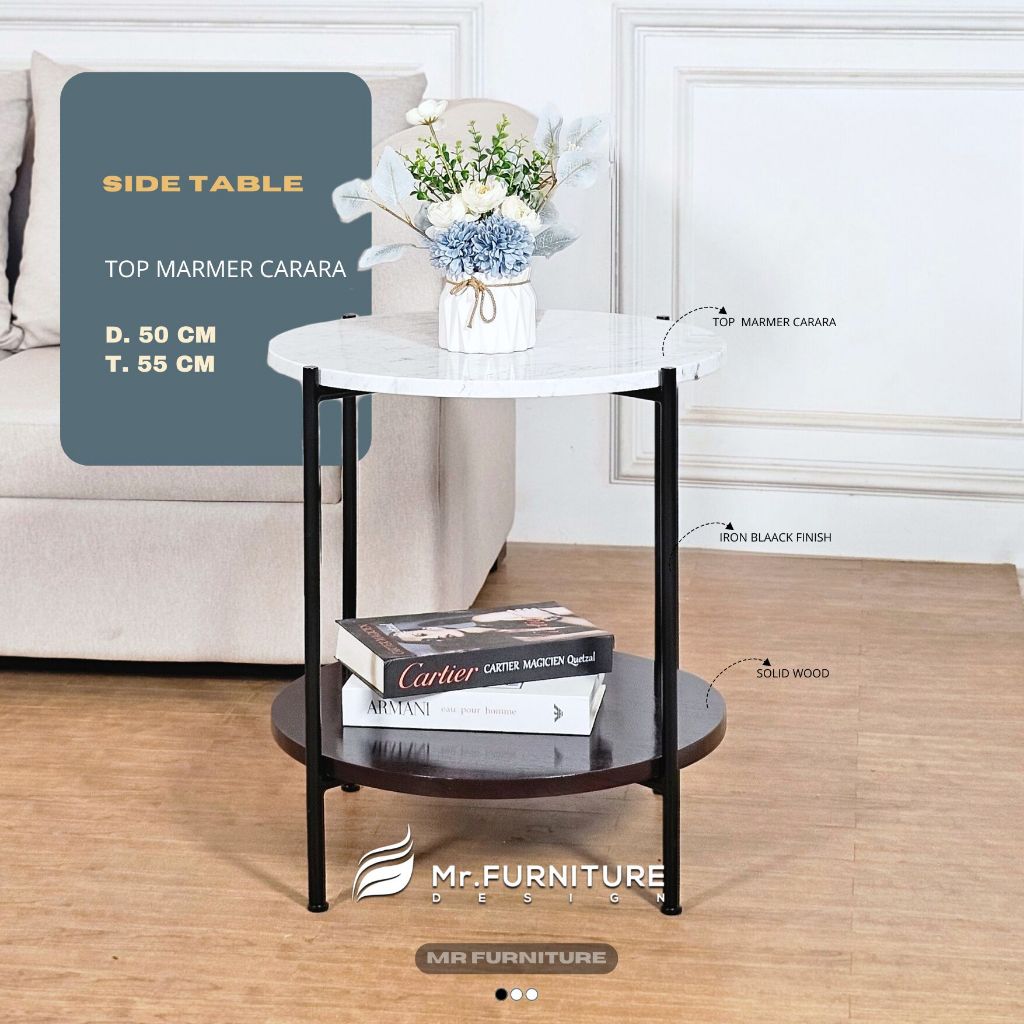 Jual side table minimalis top marmer putih carrara ambalan bawah kayu ...