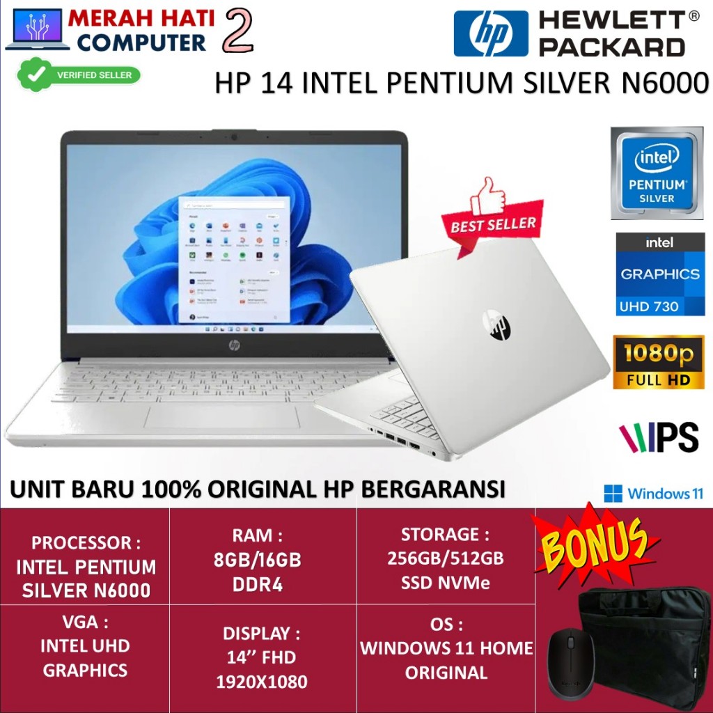 Jual Laptop HP 14 Intel Pentium Silver N6000 16GB 512GB SSD 14 Inch FHD ...