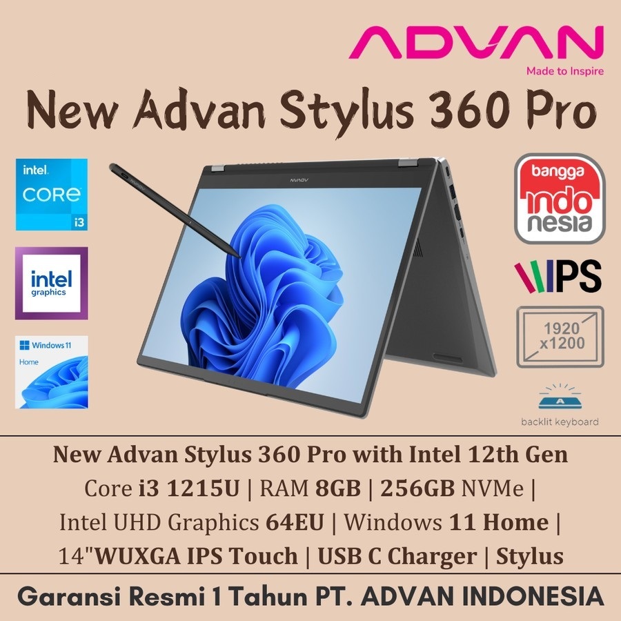 Jual Laptop ADVAN 360 Stylus Pro Core i3 1215U 8GB 256GB Win11 ...