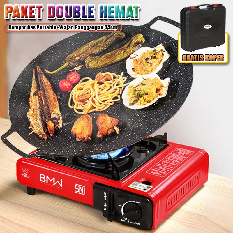 Jual (SS) Paket Double Hemat Kompor Gas Portable + Wajan Panggang 34cm | Shopee Indonesia