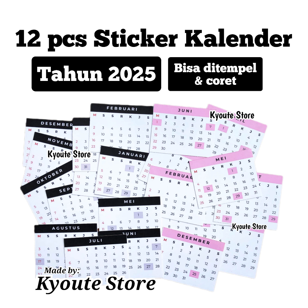 Jual 12 pcs Sticker Mini Kalender Tahun 2025 Calendar Kyoute Stiker ...