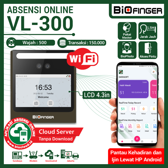 Jual BIOFINGER VL-300 Fingerprint Absensi Wajah Kartu USB WIFI LAN ...